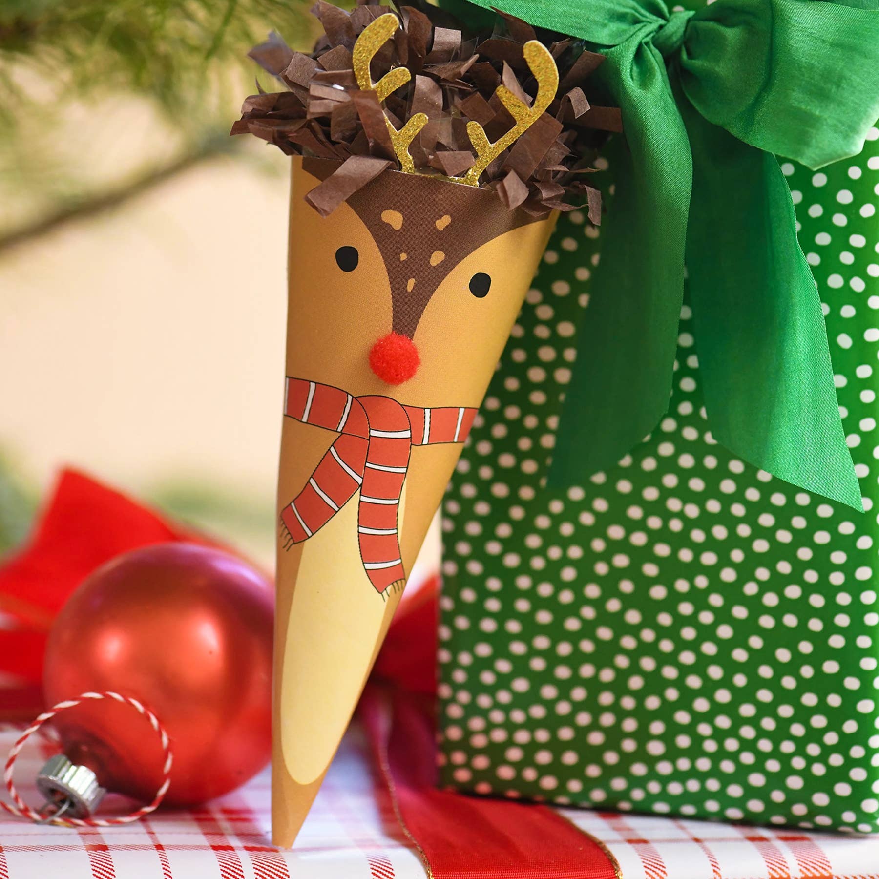 Mini 7" Surprise Cone - Christmas -Reindeer w/Golden Antlers